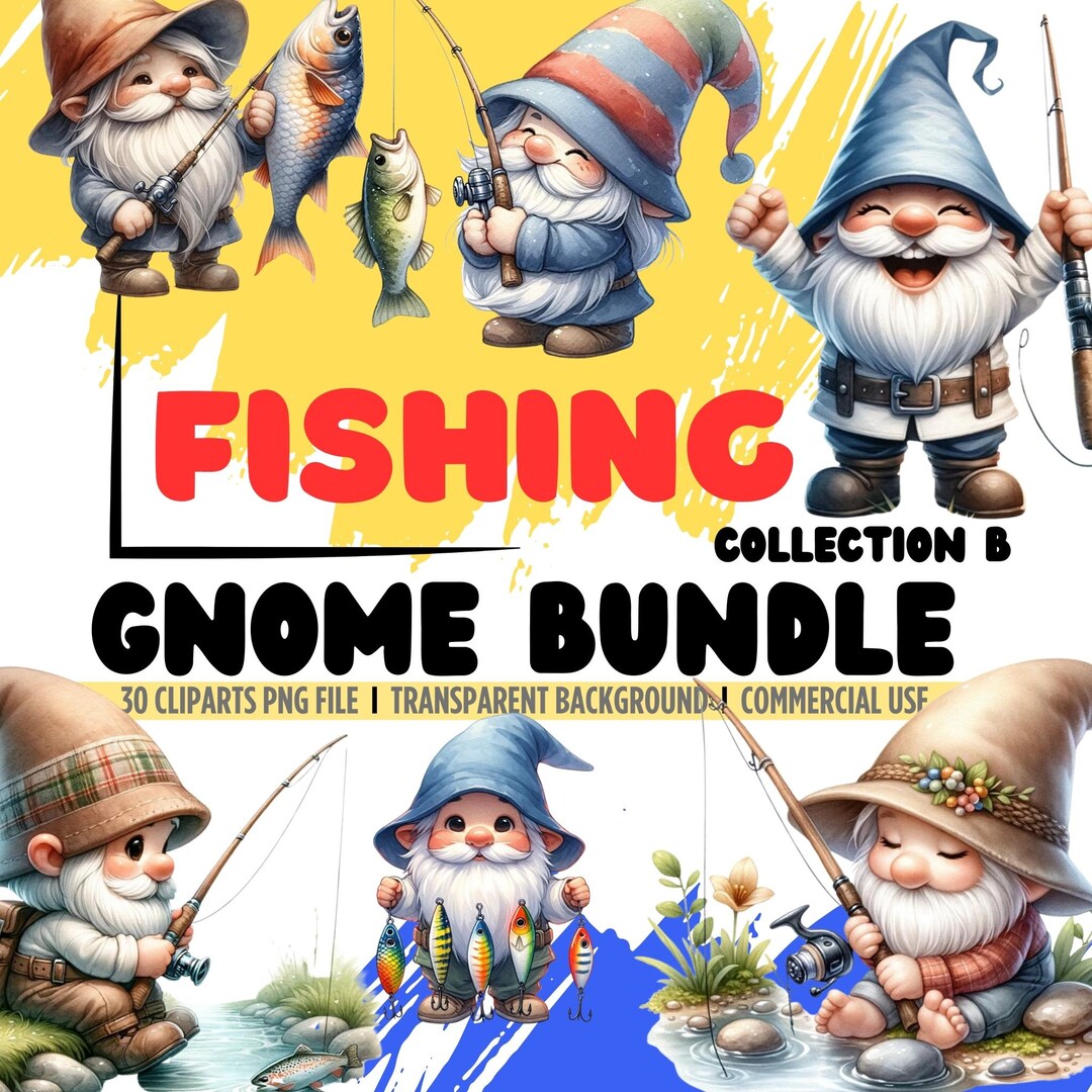 Fishing Gnomes 30 PNG Set B: Watercolor Fishing Gnome Clipart Bundle ...