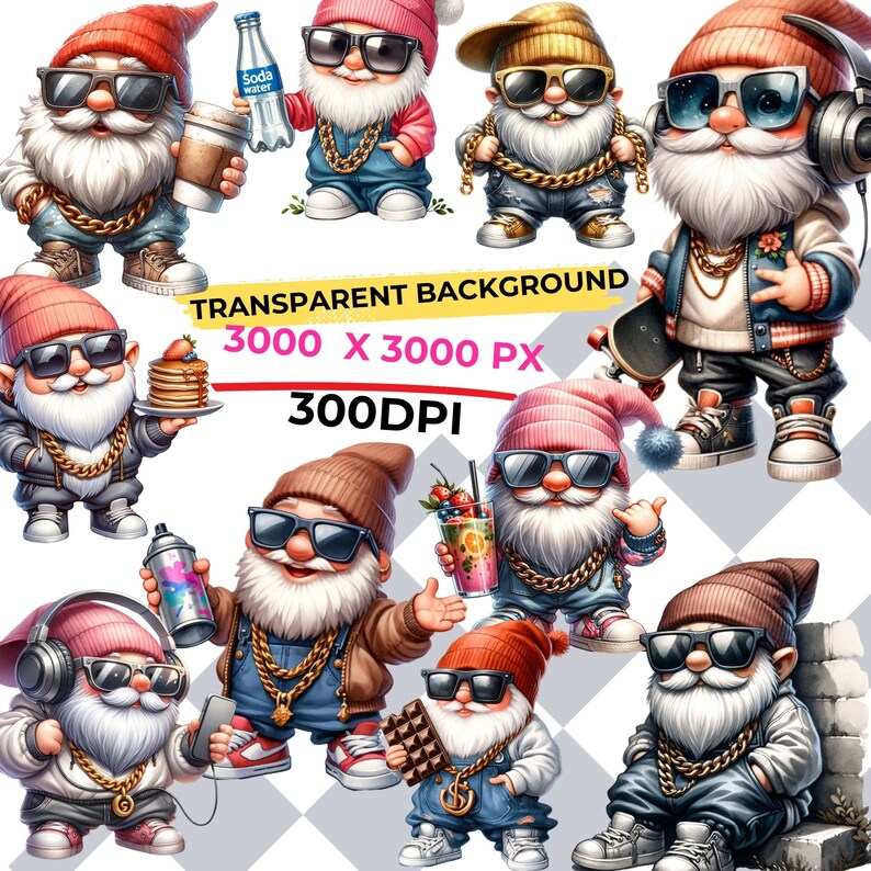 44PNG SET B: Hip Hop Gnome Clipart, Hiphop PNG, Musician Gnomes, Watercolor Gnome, Digital ...