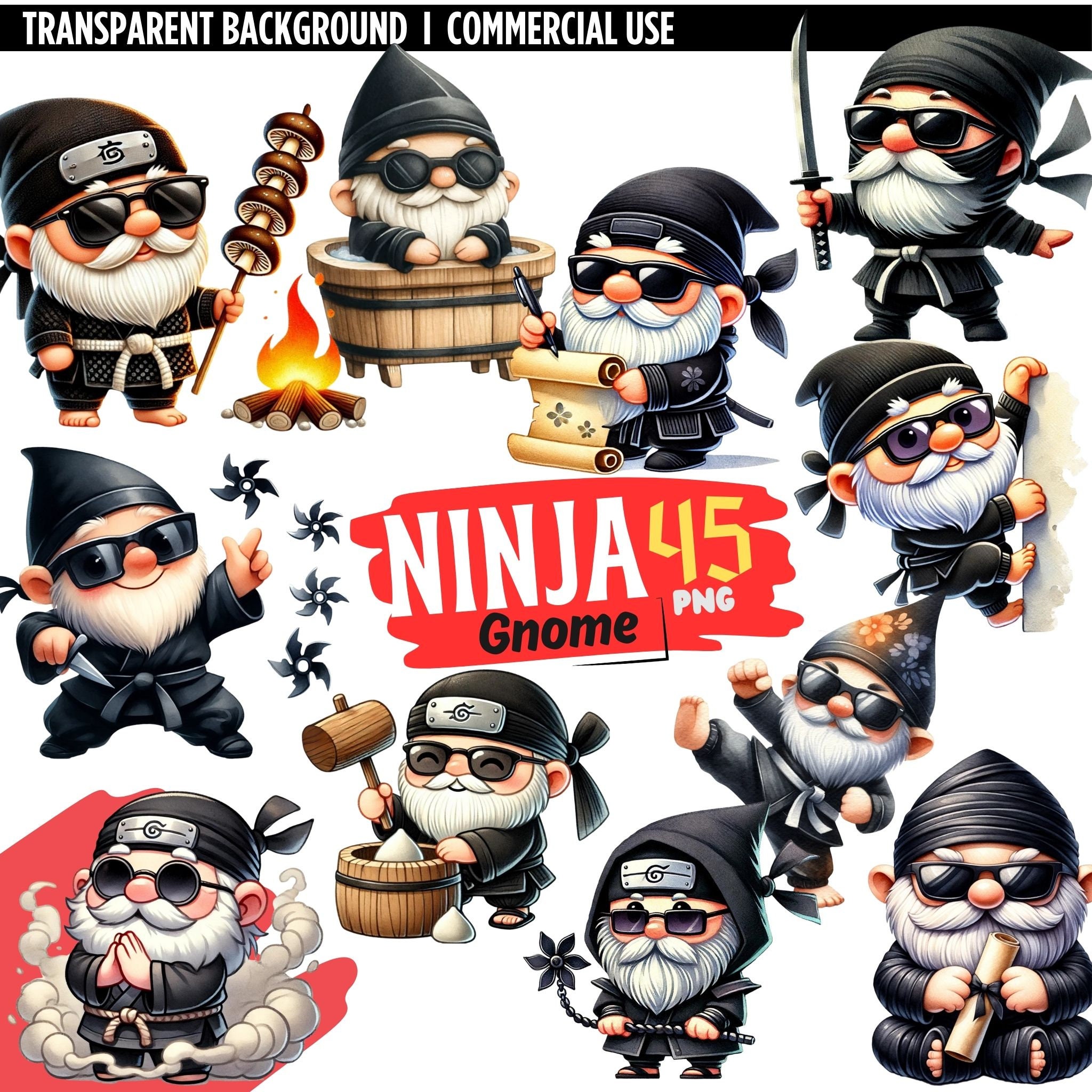 45PNG Watercolor Ninja Gnome Clipart: Assassin Png, Shadow Ninja Png ...