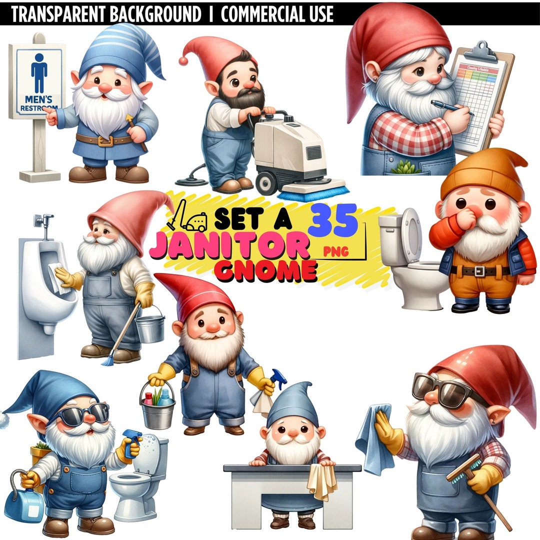 Watercolor Janitor Gnome Clipart: Cleaning PNG Set (digital Download) - Etsy