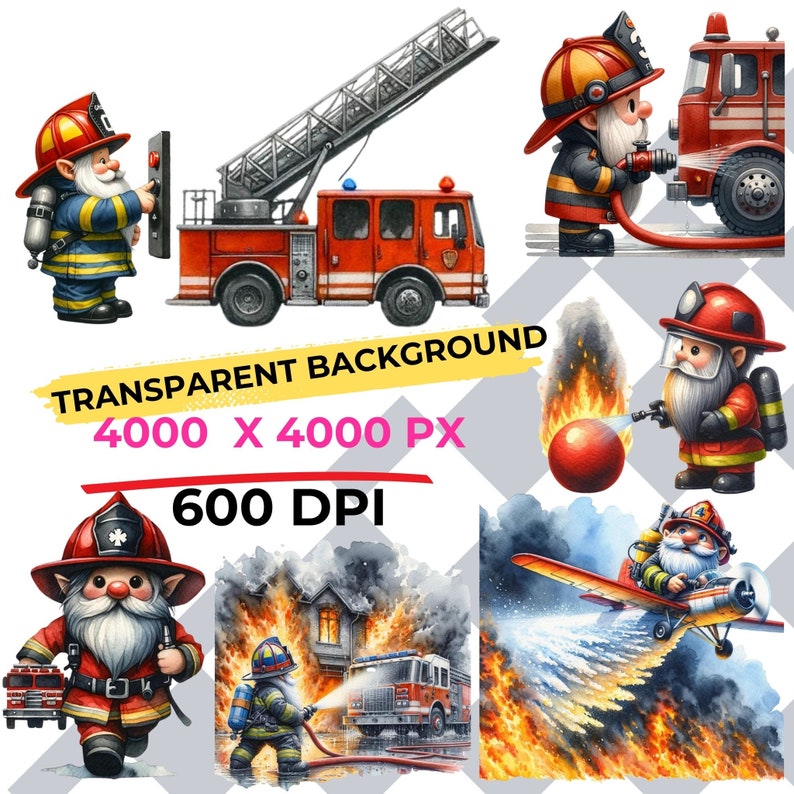 29PNG Cute Firefighter Gnome Clipart Set B: Fireman Gnomes Watercolor ...