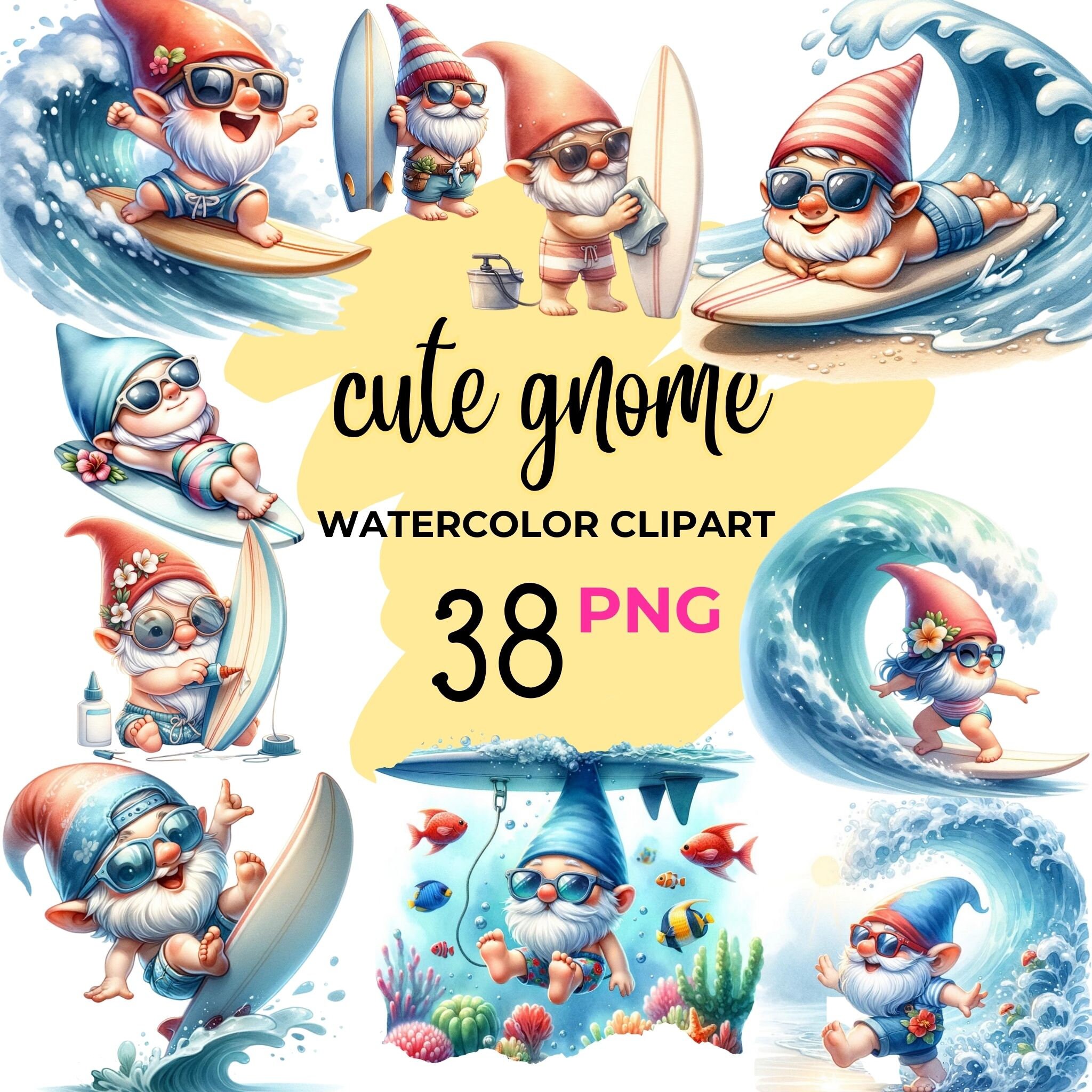 Surf Gnome Clipart 38 PNG Set A: Summer Clipart, Beach Gnome Clipart ...