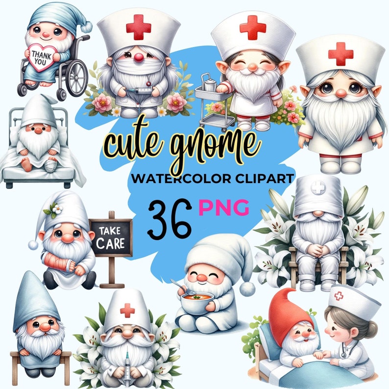 36 Nurse Gnome Png, Set B: Watercolor Nurse Clipart Png, Medical Gnome ...