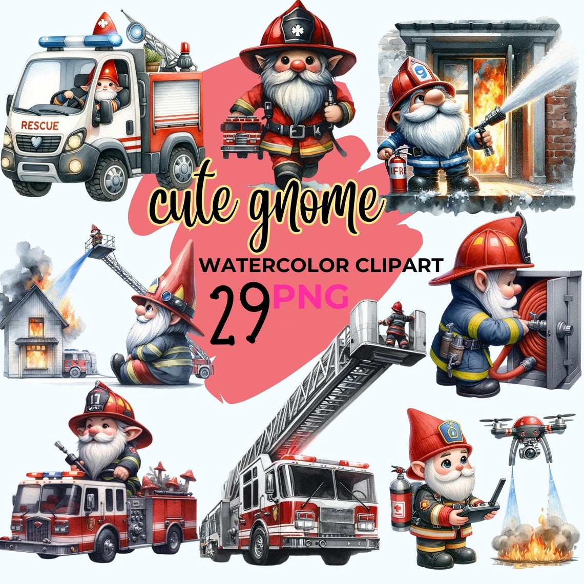 29PNG Cute Firefighter Gnome Clipart Set B: Fireman Gnomes Watercolor ...