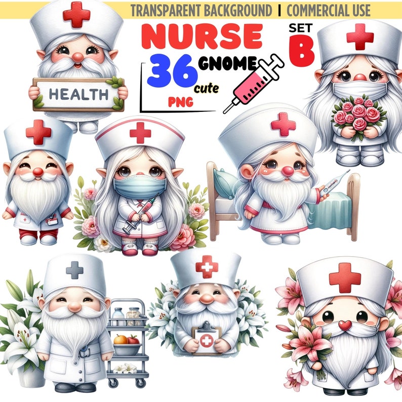 36 Nurse Gnome Png, Set B: Watercolor Nurse Clipart Png, Medical Gnome ...