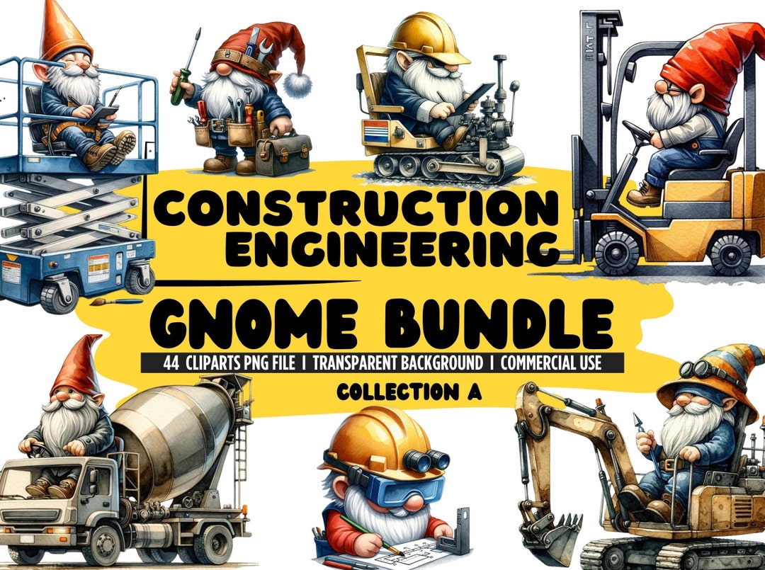 44 Watercolor Construction Vehicles With Engineer Gnomes, Builder Gnomes Watercolor Clipart ...