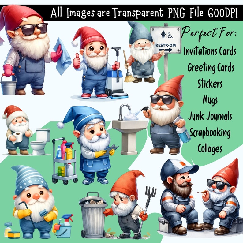 Watercolor Janitor Gnome Clipart: Cleaning PNG Set (digital Download ...