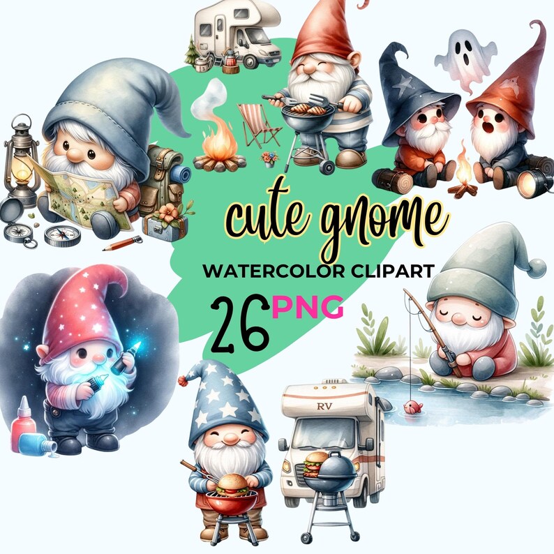 26 PNG: Camping Gnome Clipart, Watercolor Camping Clipart, Cute Gnomes ...