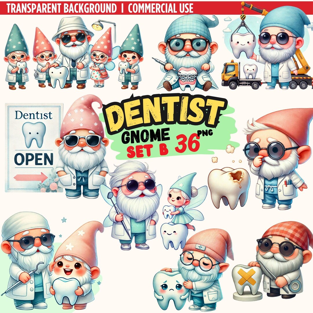 Dentist Gnome Clipart: Watercolor Dental Clinic PNG Set (36, Digital ...