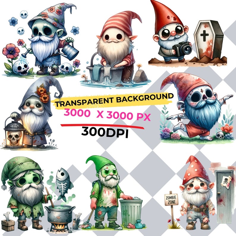 Zombie Gnome Clipart: Watercolor Horror Gnomes, Scrapbook Graphics ...