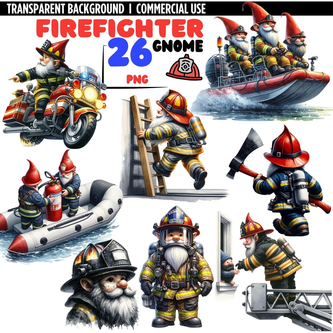 26PNG: Firefighter Gnome Clipart, Fireman Gnome Watercolor, Firefighter ...