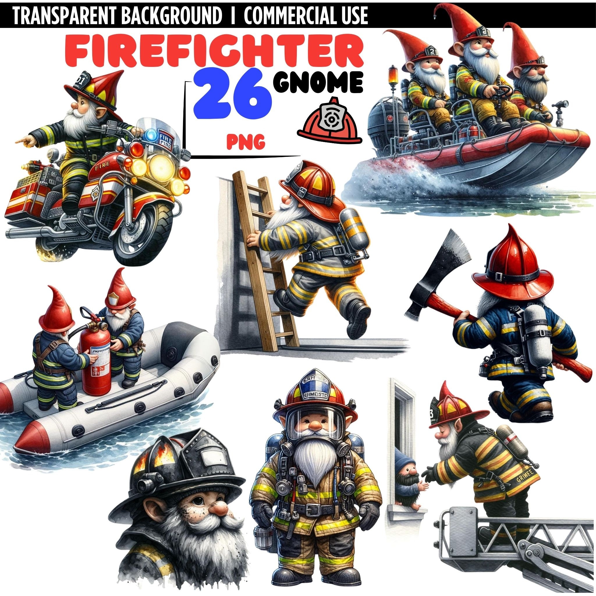 26PNG: Firefighter Gnome Clipart, Fireman Gnome Watercolor, Firefighter ...