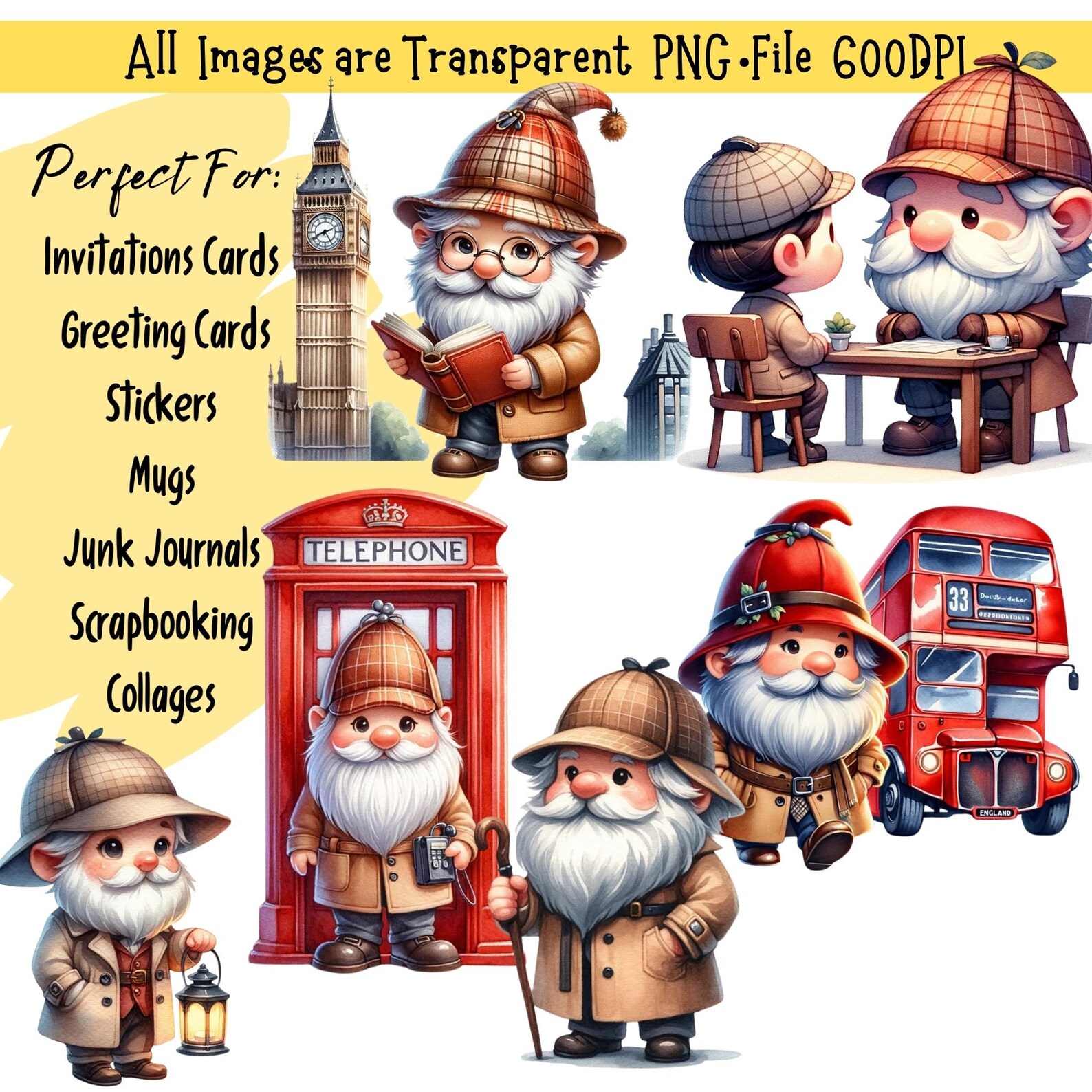 26PNG: Detective Gnome Clipart, Detective Dad, Watercolor Gnome, Police ...
