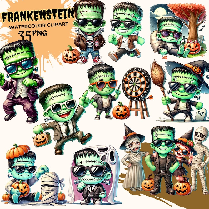 35PNG Halloween Clipart Watercolor: Halloween Frankenstein PNG ...