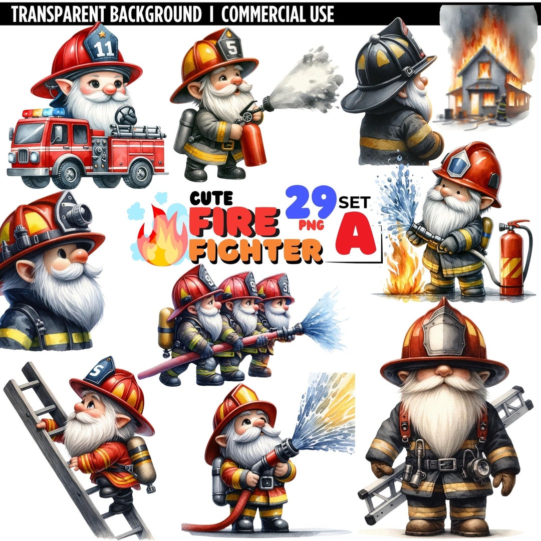 29PNG Cute Firefighter Gnome Clipart Set A: Fireman Gnomes Watercolor ...