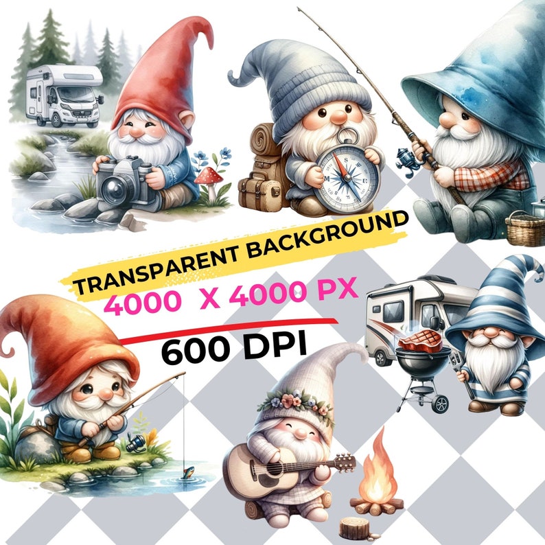26 PNG: Camping Gnome Clipart, Watercolor Camping Clipart, Cute Gnomes ...