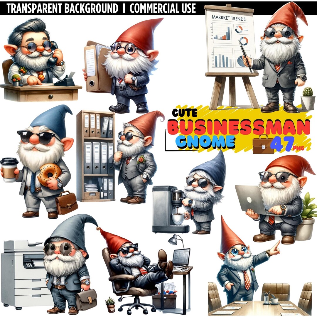 Watercolor Business Gnomes Clipart: Father's Day PNG Bundle (digital ...