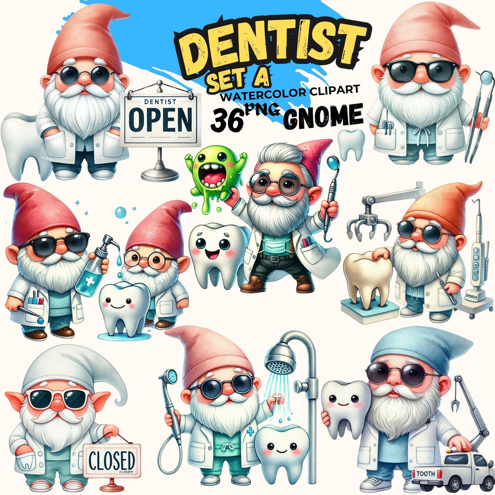 Dentist Gnome Clipart: Watercolor Dental Clinic PNG Set (36, Digital ...