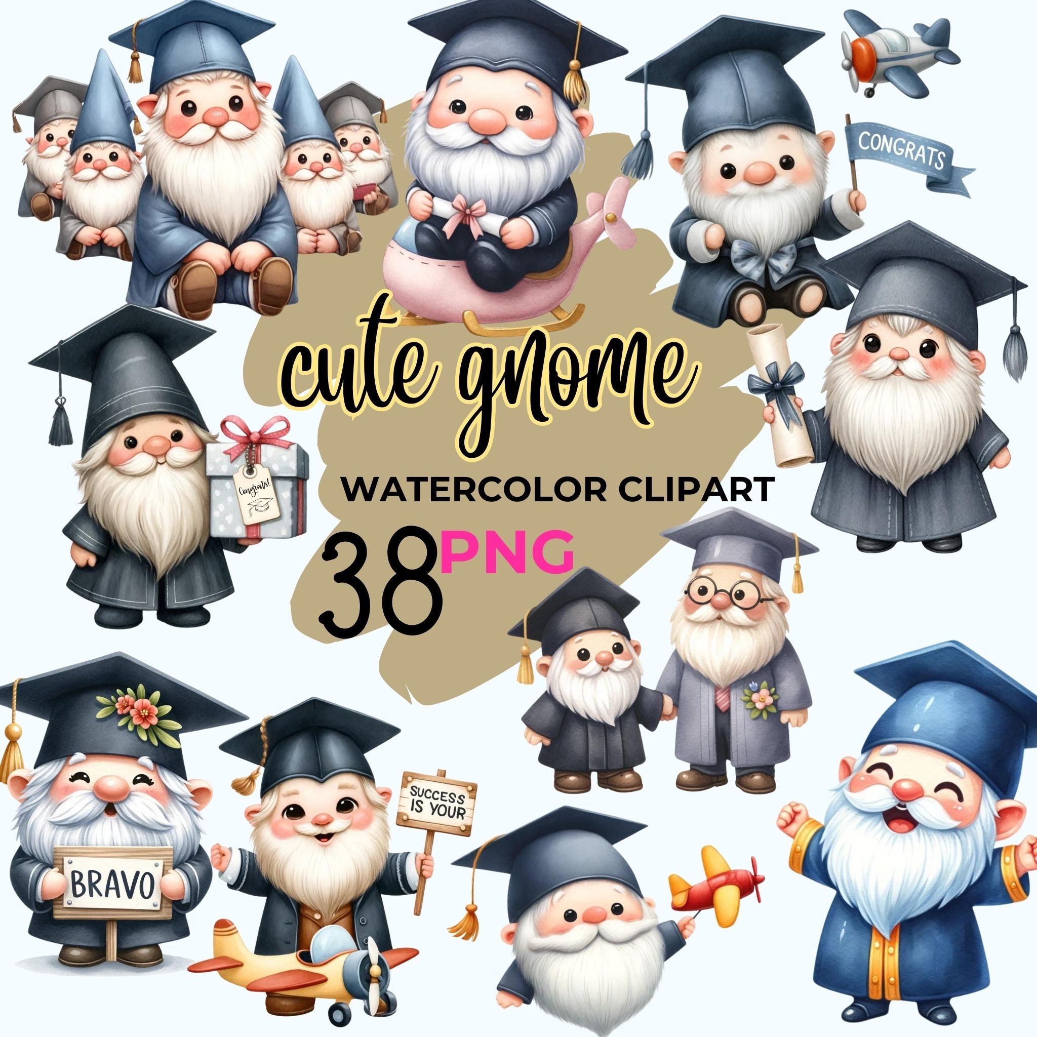 38PNG: Watercolor Graduation Gnome Clipart PNG Bundle | Nursery Decor ...
