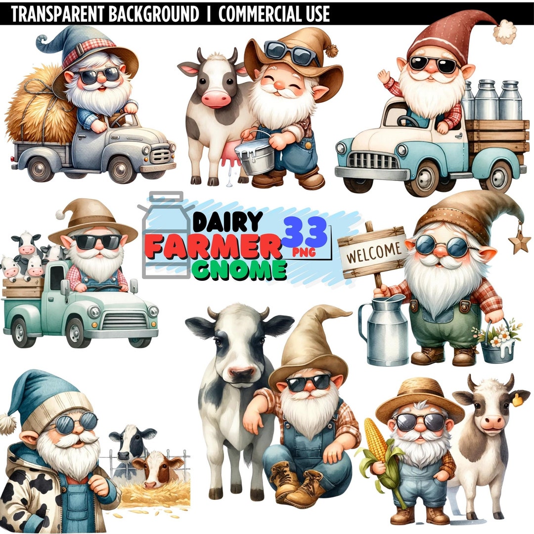 Dairy Farm Gnome Clipart: Watercolor Cattle Farmer PNG (digital ...