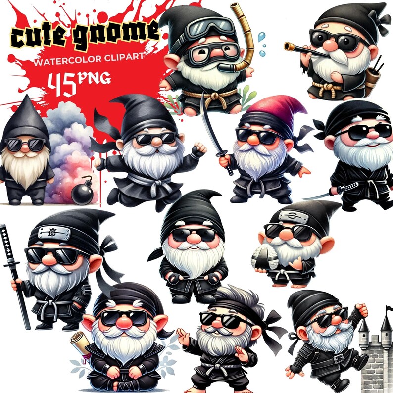 45PNG Watercolor Ninja Gnome Clipart: Assassin Png, Shadow Ninja Png ...