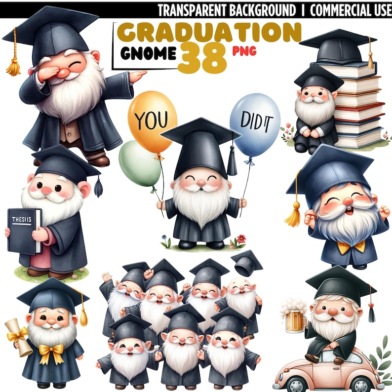 38PNG: Watercolor Graduation Gnome Clipart PNG Bundle | Nursery Decor ...