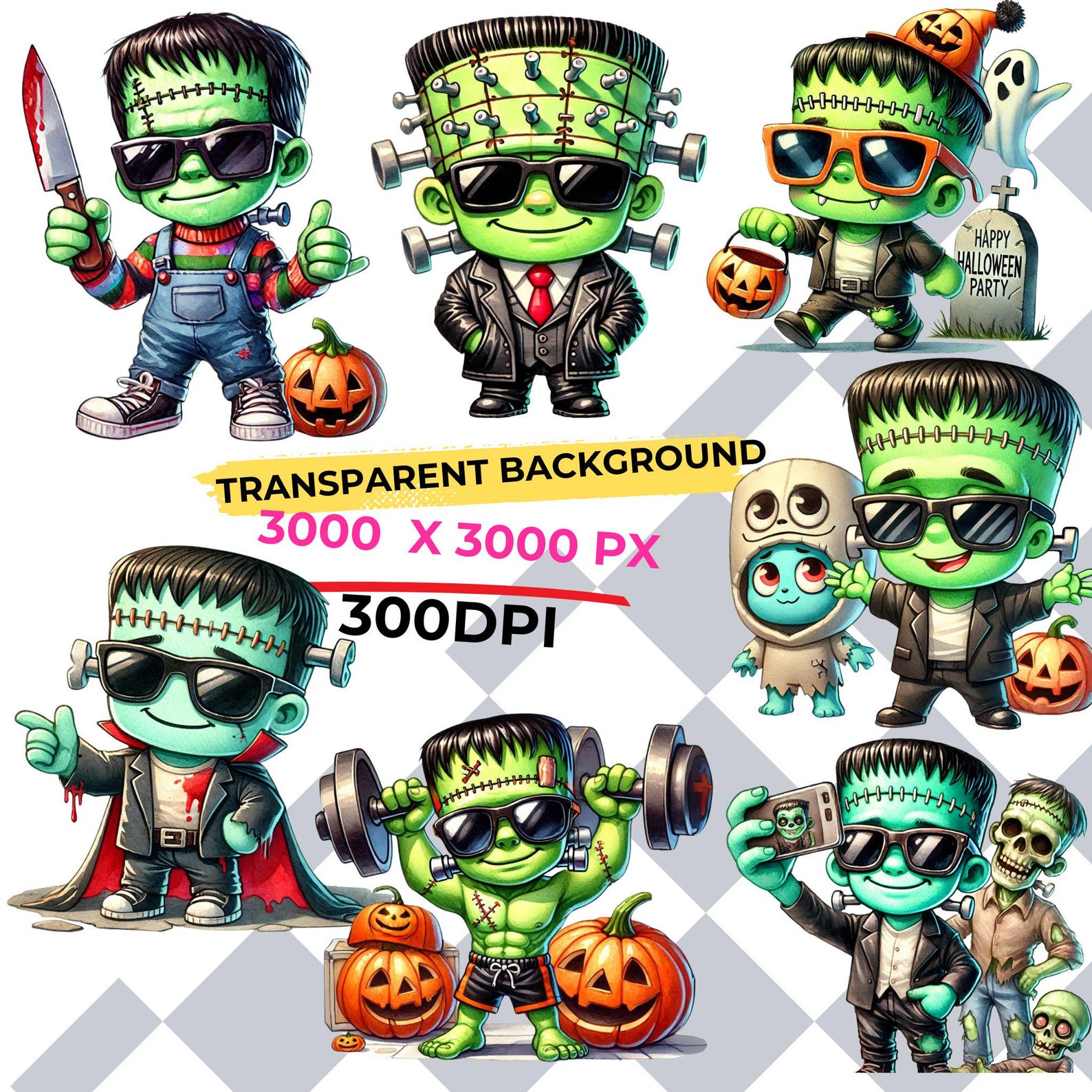 35PNG Halloween Clipart Watercolor: Halloween Frankenstein PNG ...