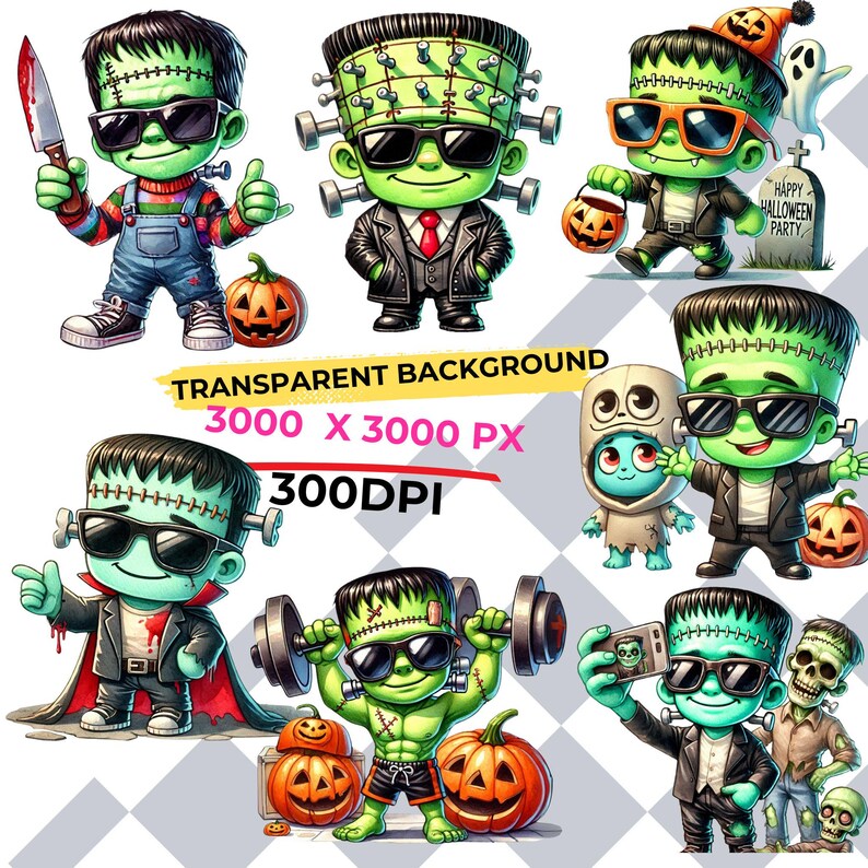 35PNG Halloween Clipart Watercolor: Halloween Frankenstein PNG ...