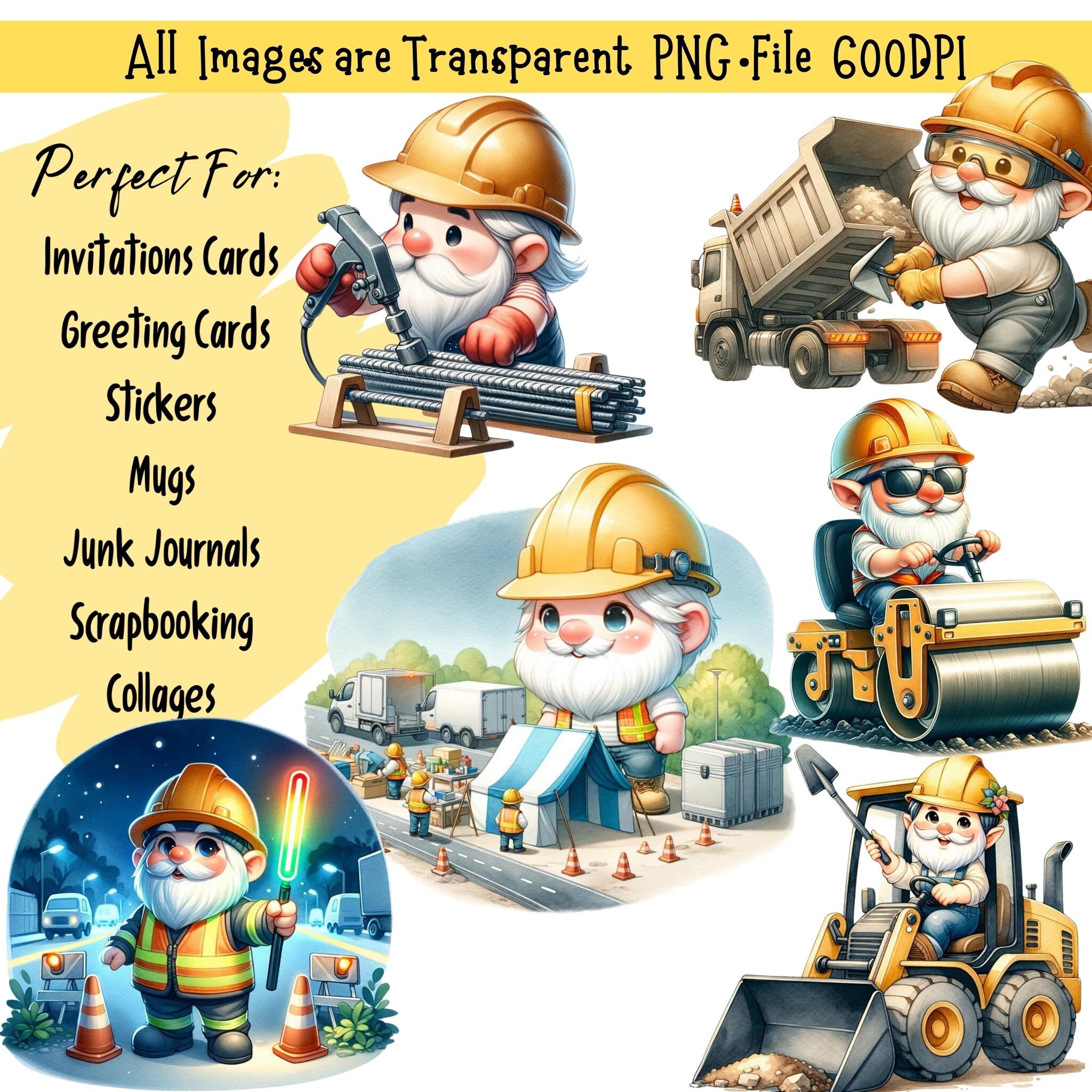 27 PNG Set D: Watercolor Construction Vehicles With Engineer Gnomes ...