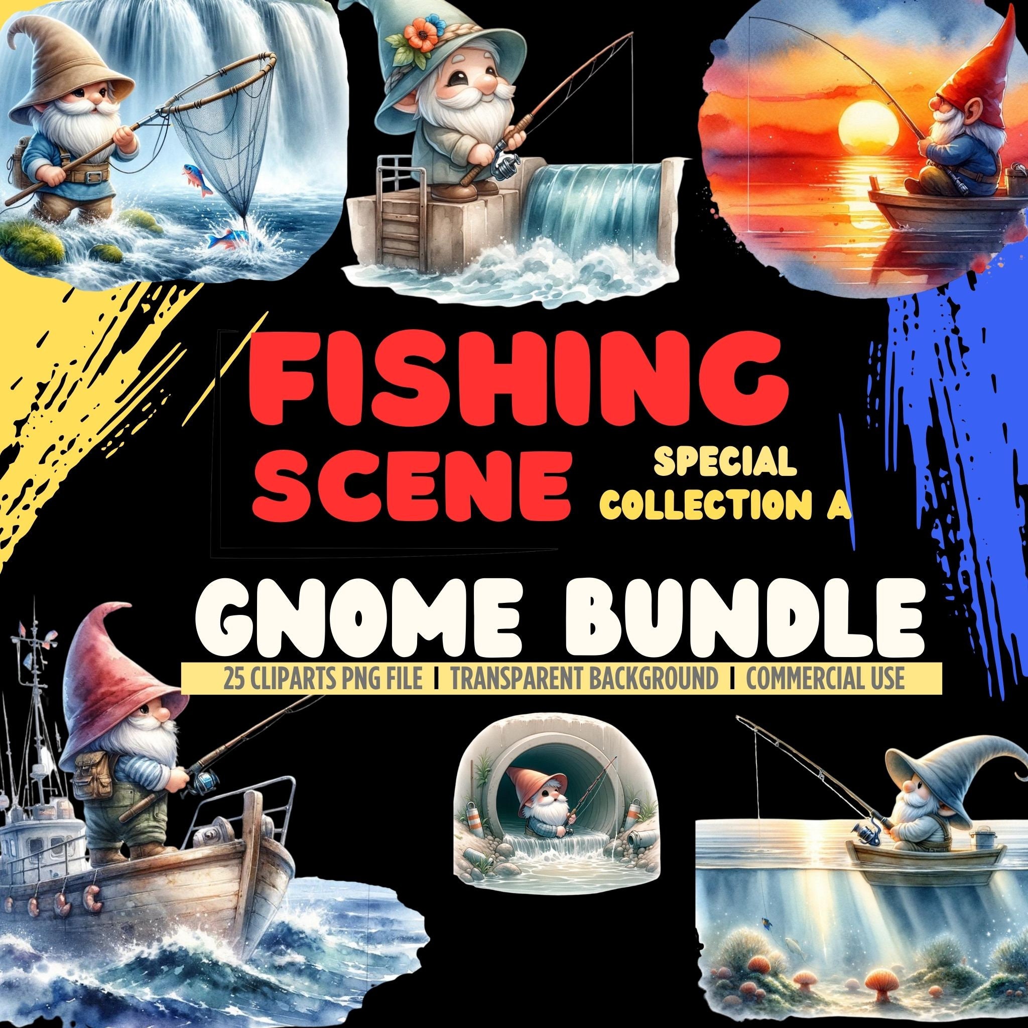 Fisherman Gnome Png 25 PNG Set A: Fishing Scene Gnomes, Watercolor ...