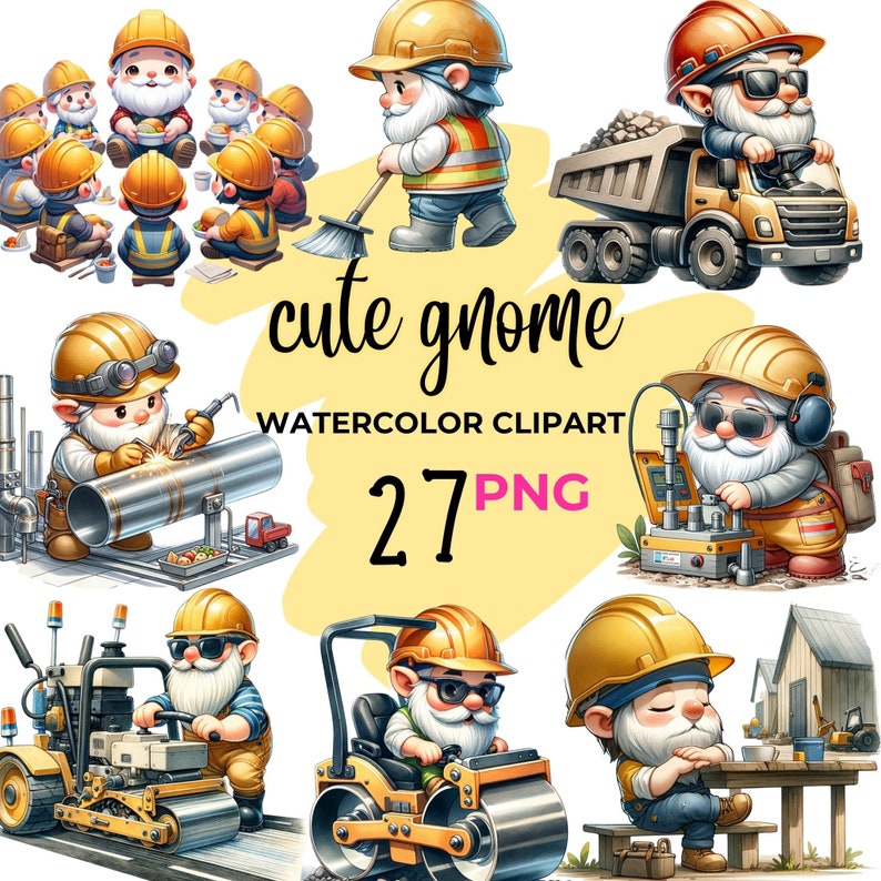 27 PNG Set D: Watercolor Construction Vehicles With Engineer Gnomes ...