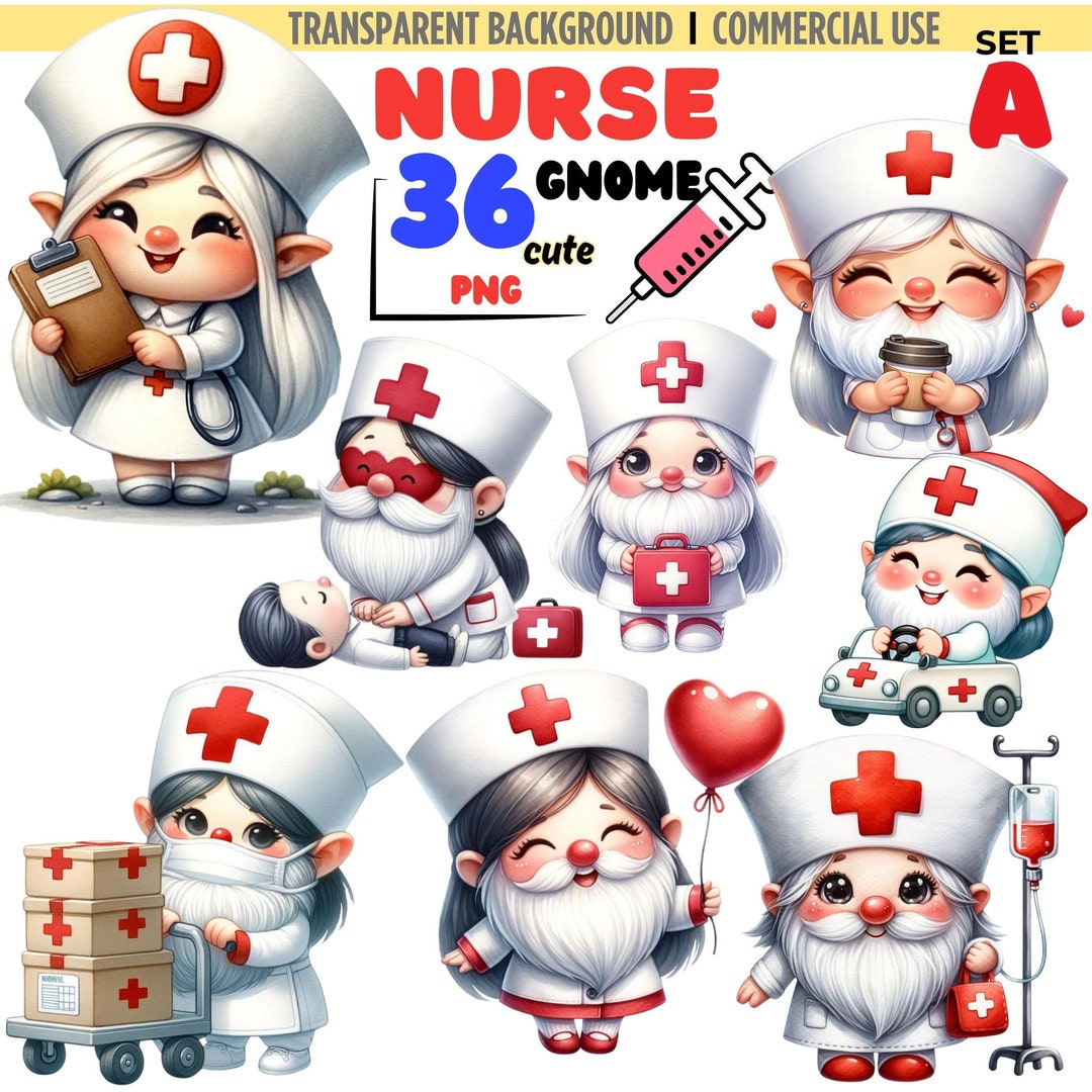 36 Nurse Gnome Png, Set A: Watercolor Nurse Clipart Png, Medical Gnome ...