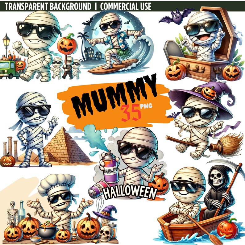 35 Spooky Mummy Halloween Clipart: Watercolor PNG Bundle (digital ...