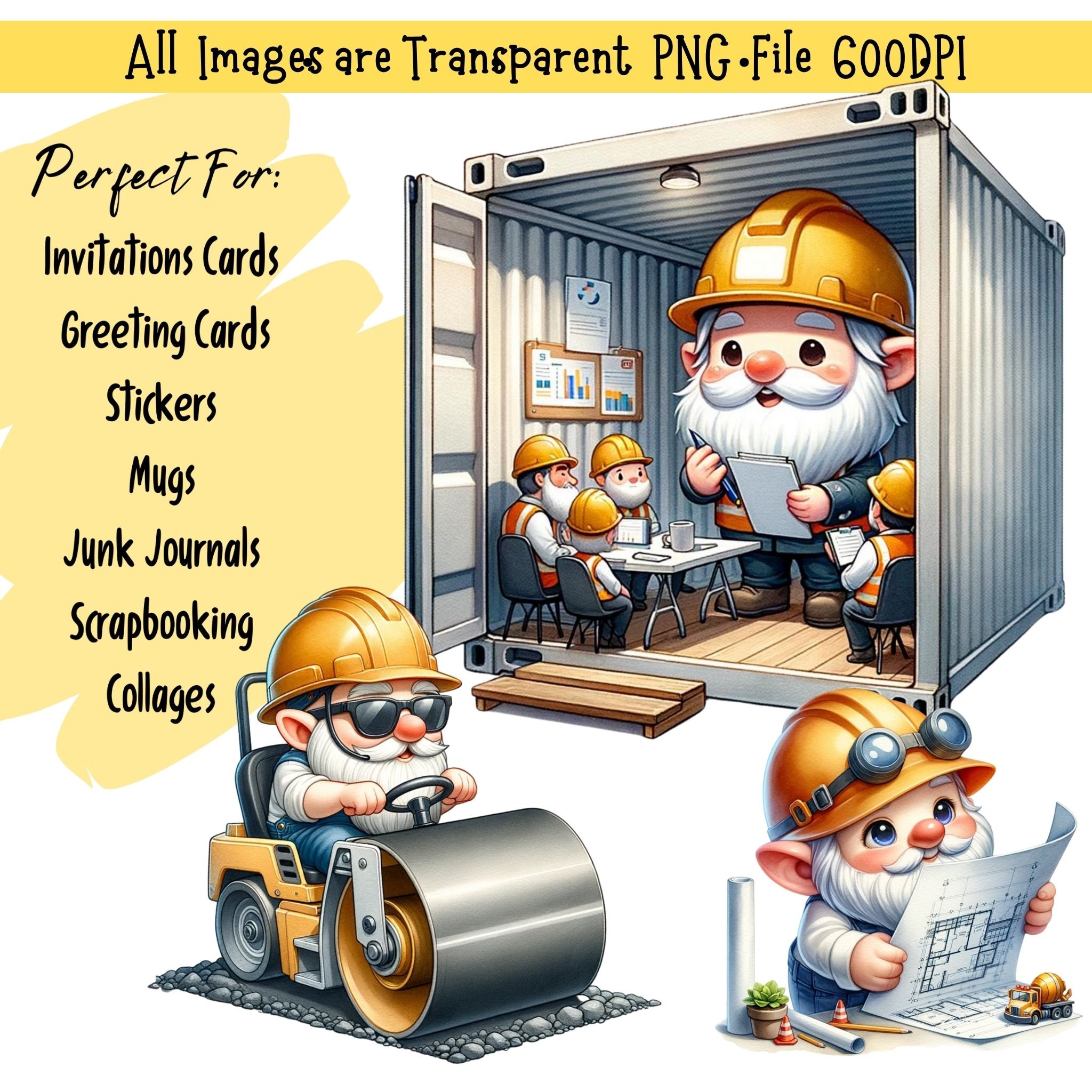 27 PNG Set C: Watercolor Construction Vehicles With Engineer Gnomes ...