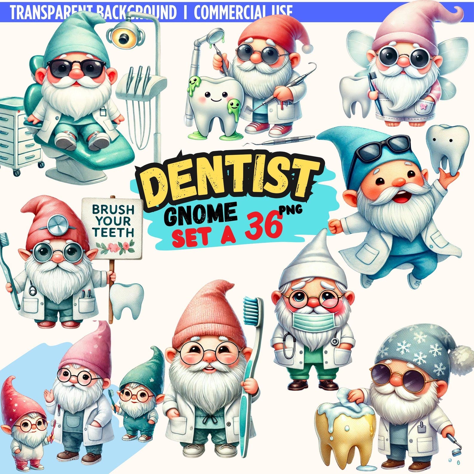 Dentist Gnome Clipart: Watercolor Dental Clinic PNG Set (36, Digital ...
