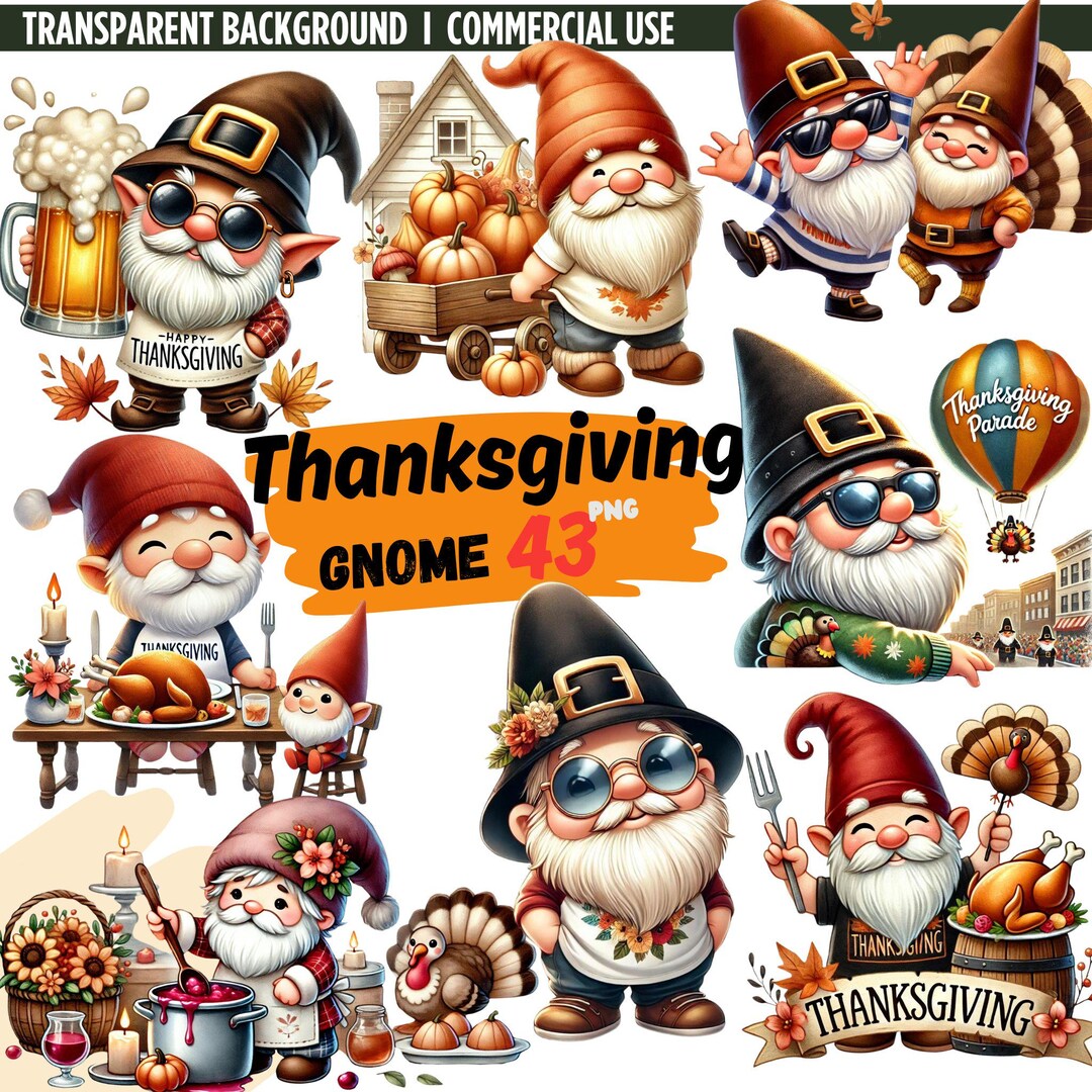Thanksgiving Gnome Clipart: Watercolor Gnomes, Turkey (digital Download ...