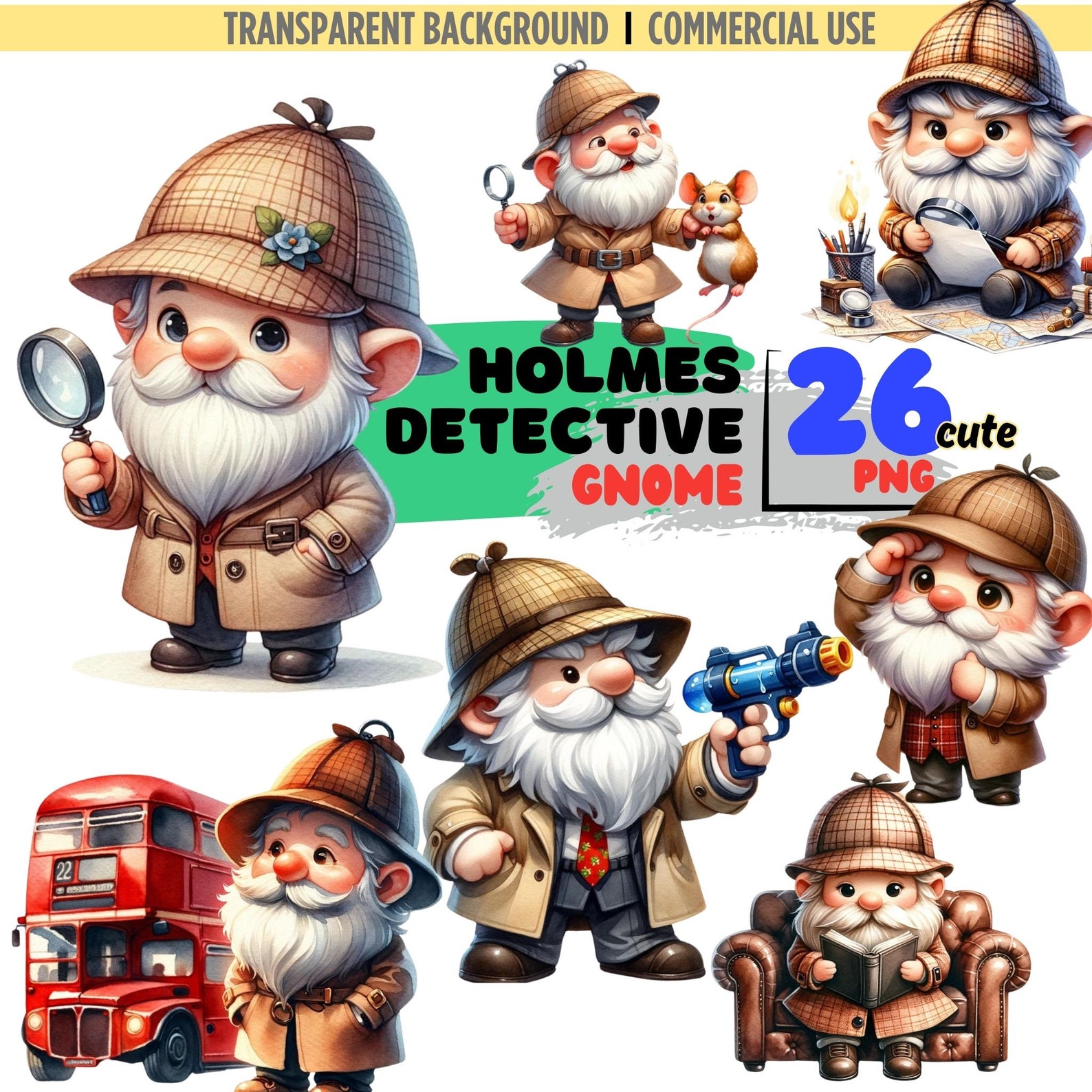 26PNG: Detective Gnome Clipart, Detective Dad, Watercolor Gnome, Police ...