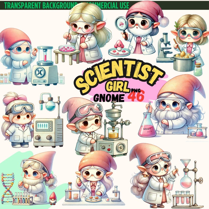 Watercolor Science Gnome Clipart: Laboratory PNG Bundle (digital ...