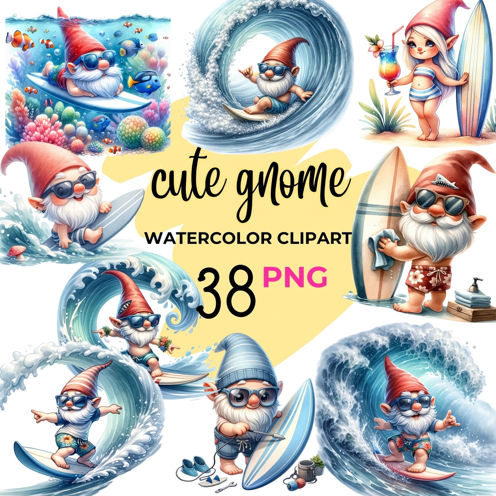Surf Gnome Clipart 38 PNG Set B: Summer Clipart, Beach Gnome Clipart ...