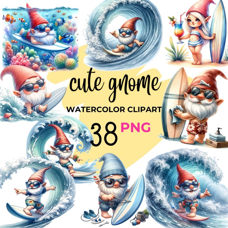 Surf Gnome Clipart 38 PNG Set B: Summer Clipart, Beach Gnome Clipart ...