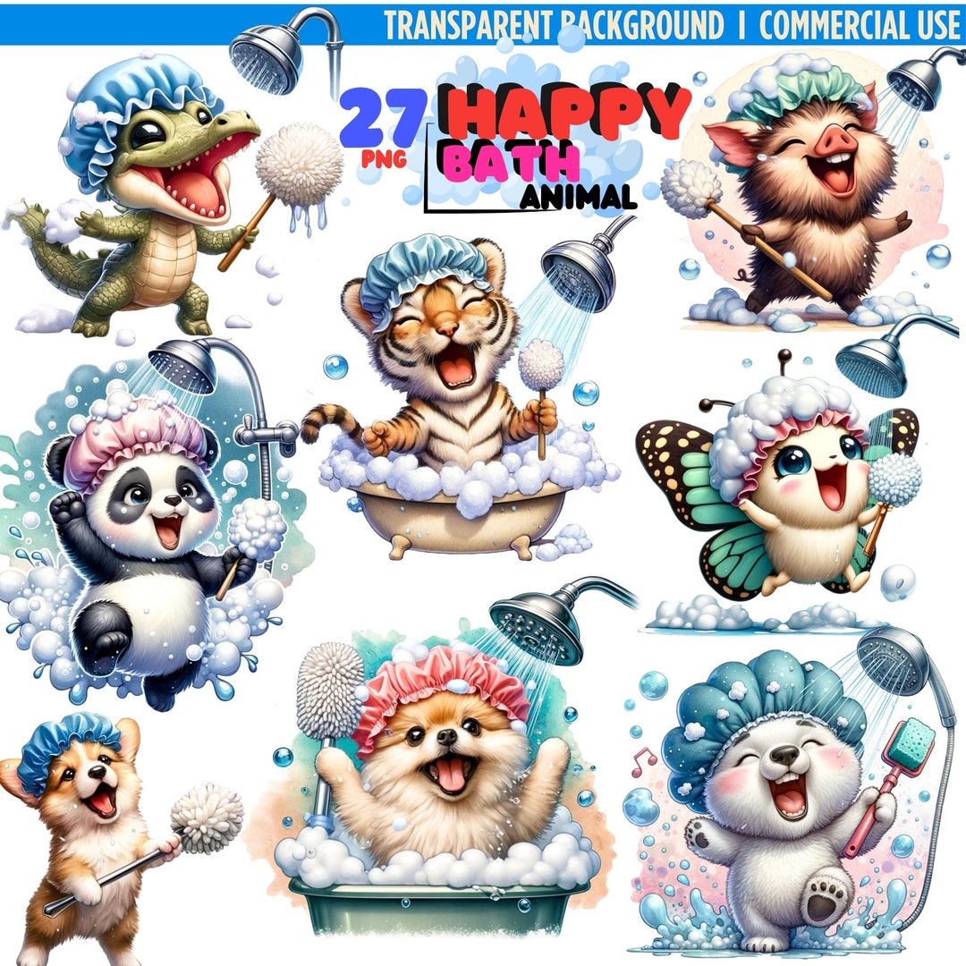 27PNG: Animals in Bathtub Clipart, Kids Bathroom Art, Watercolor ...
