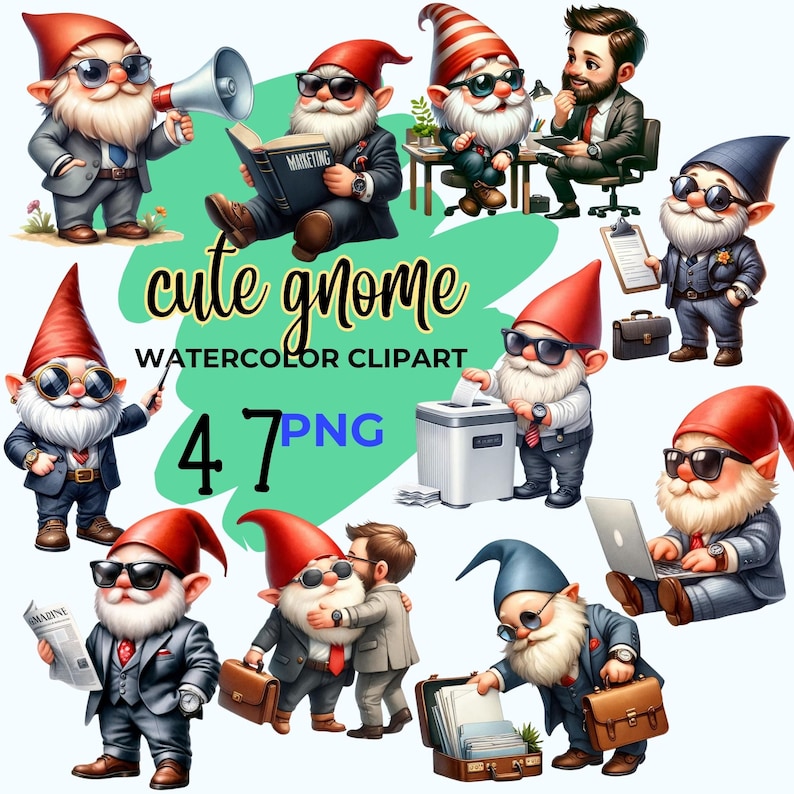 Watercolor Business Gnomes Clipart: Father's Day PNG Bundle (digital ...