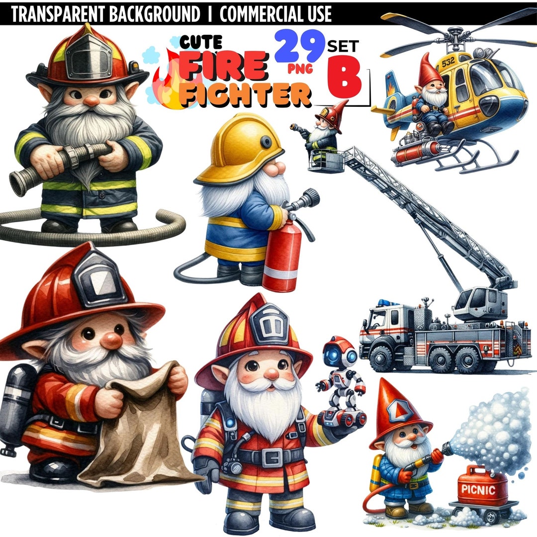 29PNG Cute Firefighter Gnome Clipart Set B: Fireman Gnomes Watercolor ...