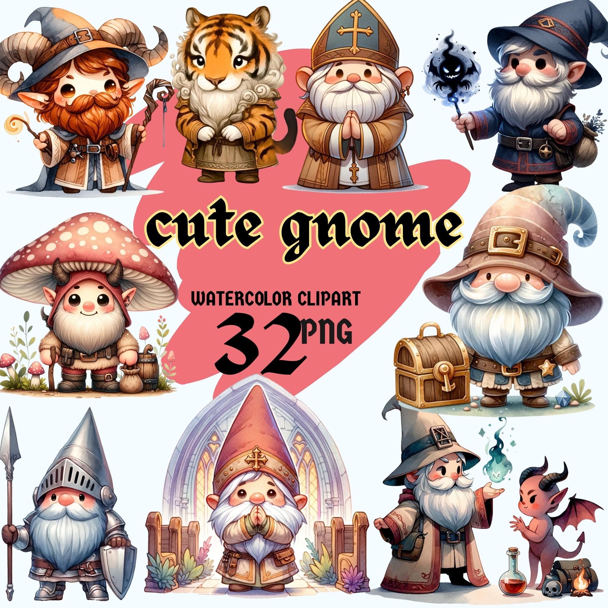 Watercolor Medieval Gnome Clipart Set: Fantasy Nursery Decor (digital ...