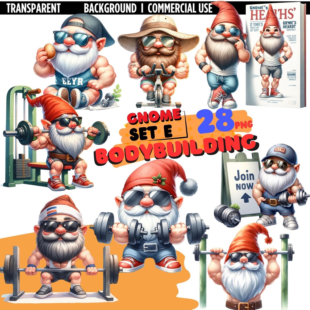 28 PNG Set E : Bodybuilder Gnome PNG, Workout Gnome, Fitness Gnomes ...