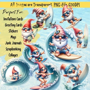 Surf Gnome Clipart 38 PNG Set B: Summer Clipart, Beach Gnome Clipart ...
