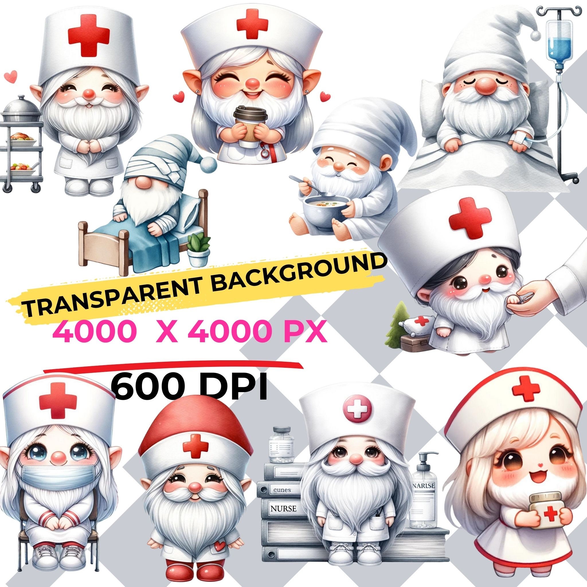 36 Nurse Gnome Png, Set A: Watercolor Nurse Clipart Png, Medical Gnome ...