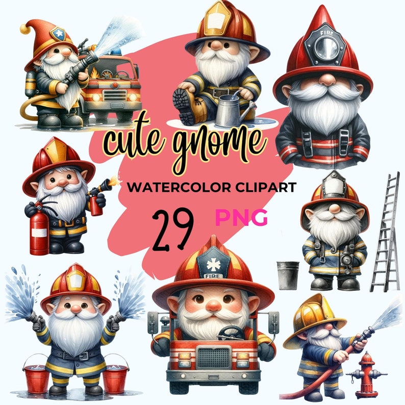 29PNG Cute Firefighter Gnome Clipart Set A: Fireman Gnomes Watercolor ...