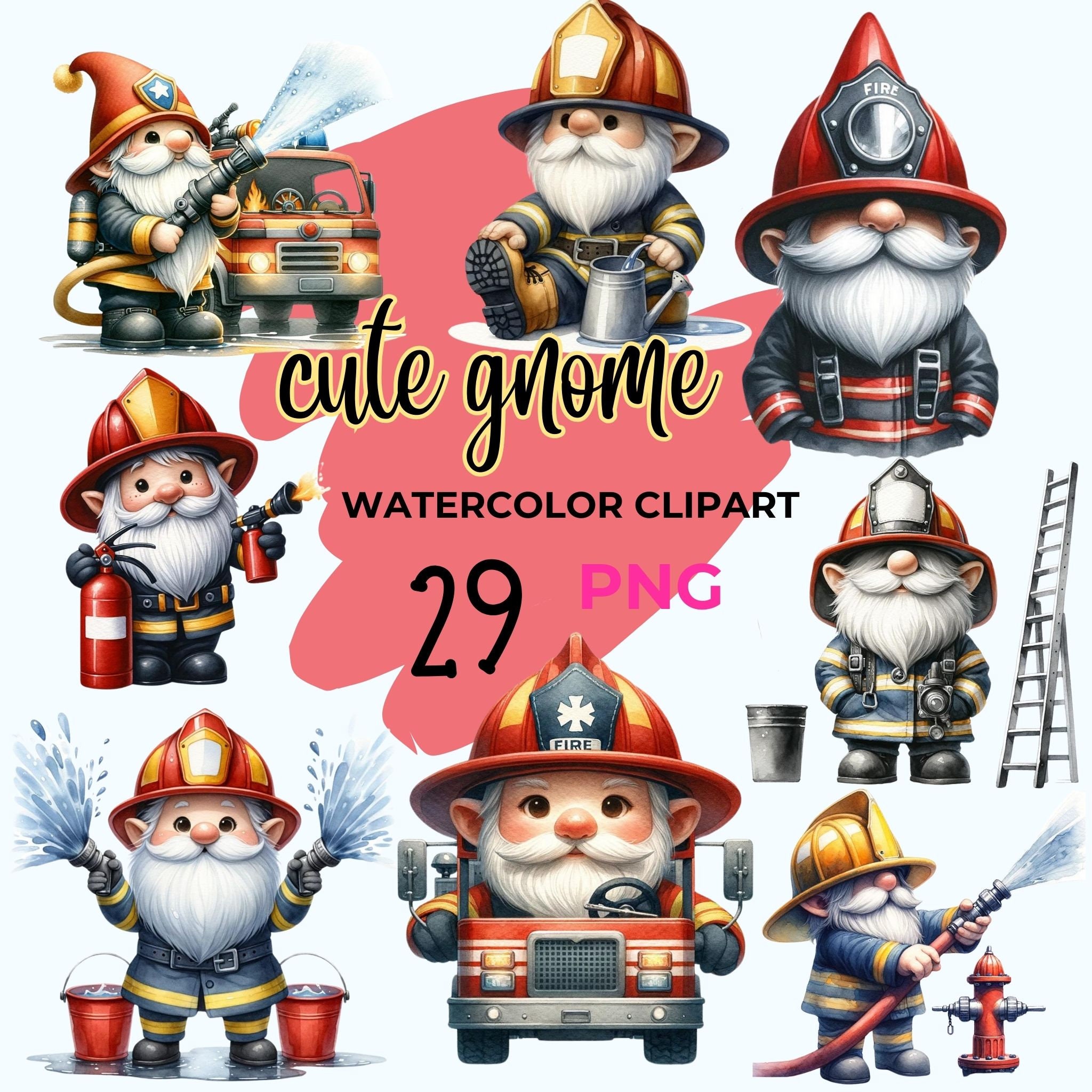 29PNG Cute Firefighter Gnome Clipart Set A: Fireman Gnomes Watercolor ...