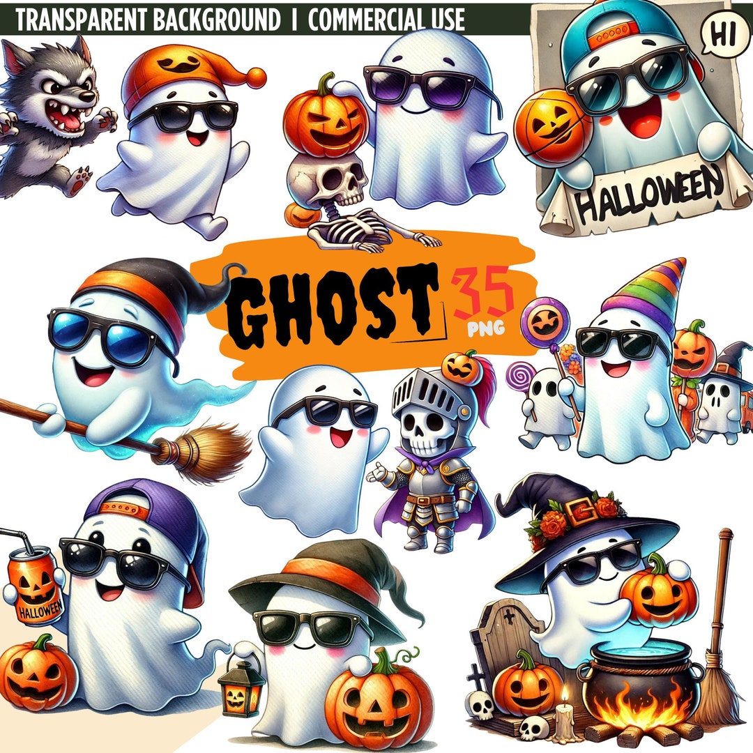 35PNG Halloween Clipart Watercolor: Halloween Ghost PNG, Spooky Ghost ...